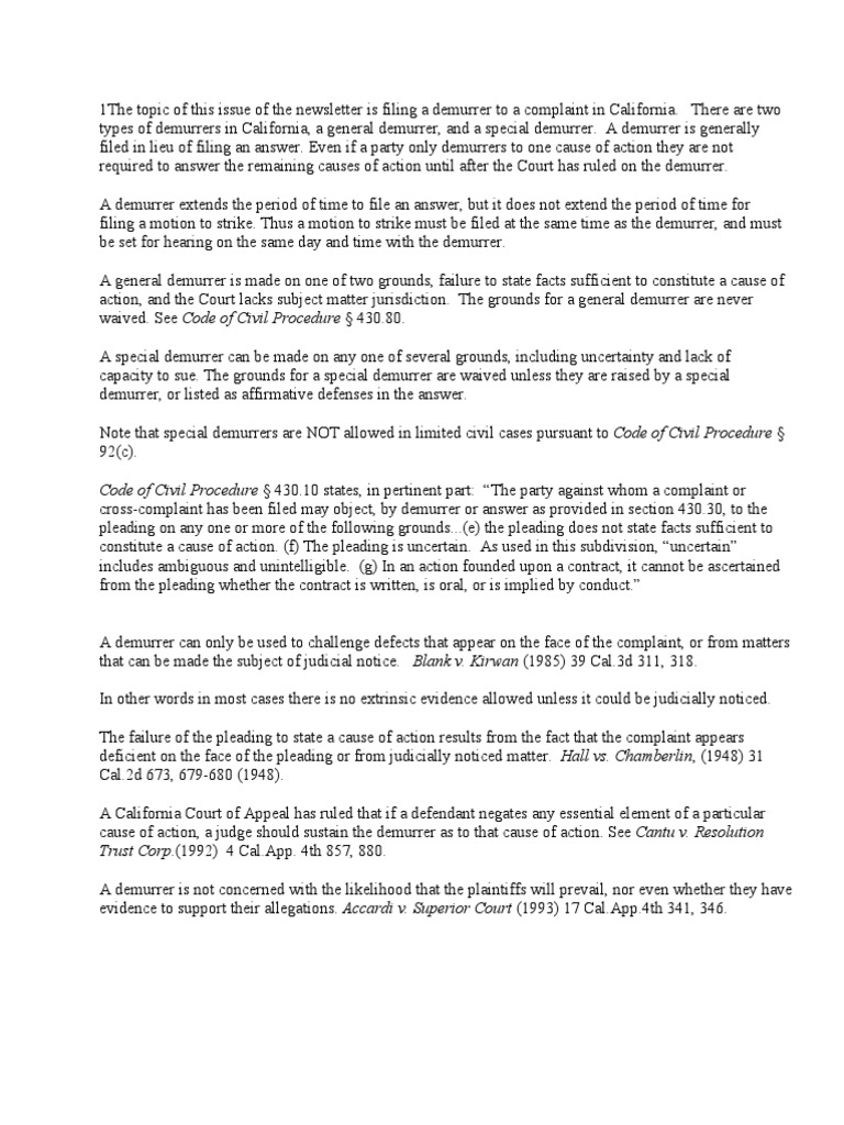 California Demurrer Guide | PDF | Demurrer | Pleading