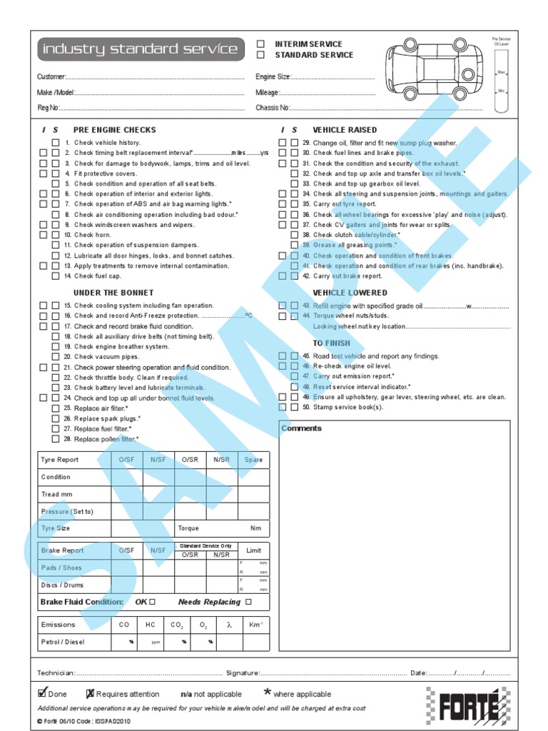 Industry Standard Service Checklist - Car | PDF