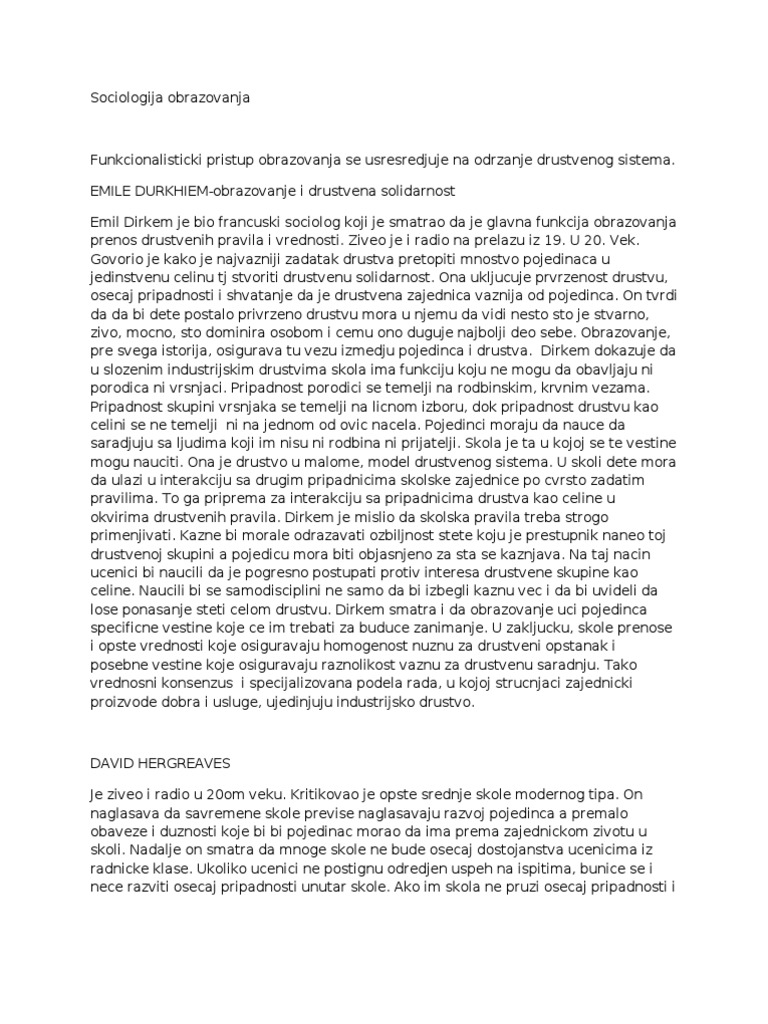 Teorije Sociologije Obrazovanja | PDF