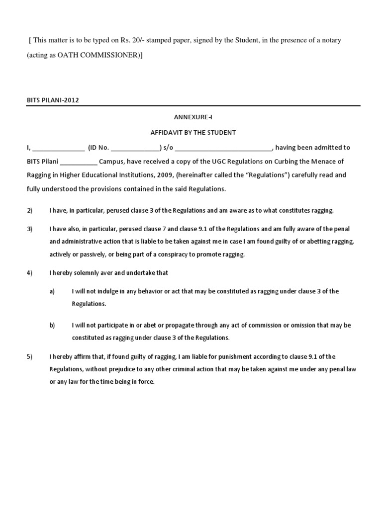 Anti Ragging Affidavit Form | Download Free PDF | Affidavit | Civil Law ...