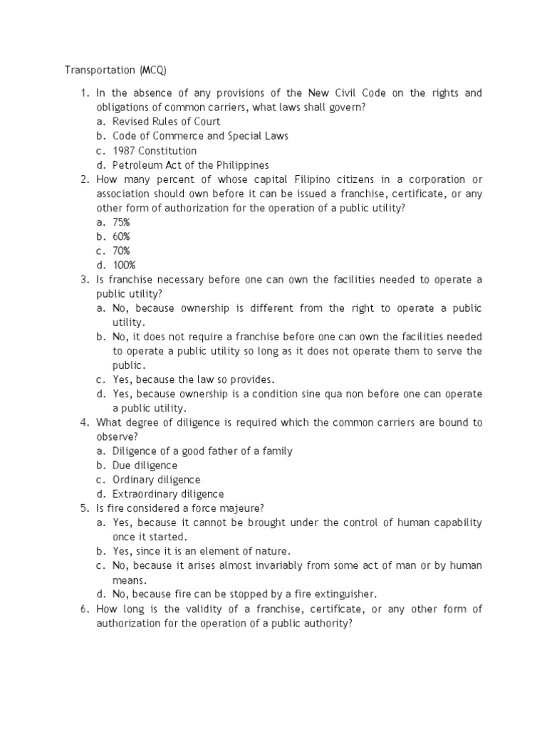 Transportation Law: A Multiple Choice Quiz on Common Carriers ...