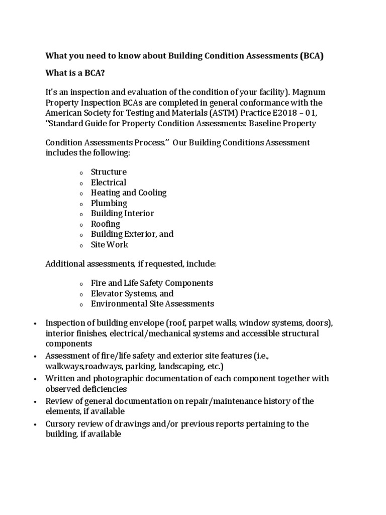 Building Condition Assessment Overview | PDF | Safety | Loans