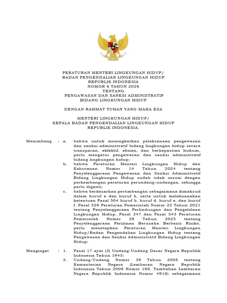 Permen LH No 6 Tahun 2026 Tentang Pengawasan Dan Sanksi Administratif ...