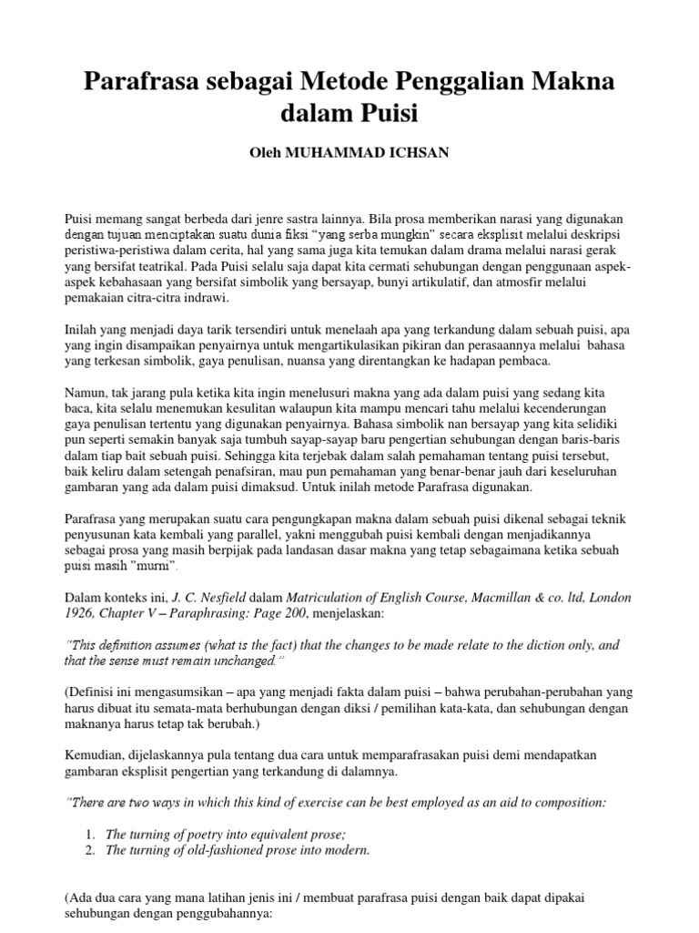 Parafrasa Sebagai Metode Penggalian Makna Dalam Puisi | PDF | Seni ...