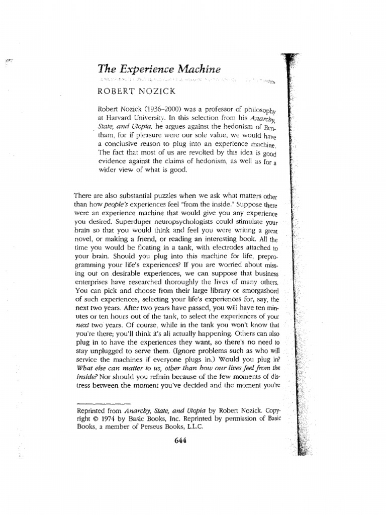 Nozick The Experience Machine | PDF | Philosophical Works | Metaphysics