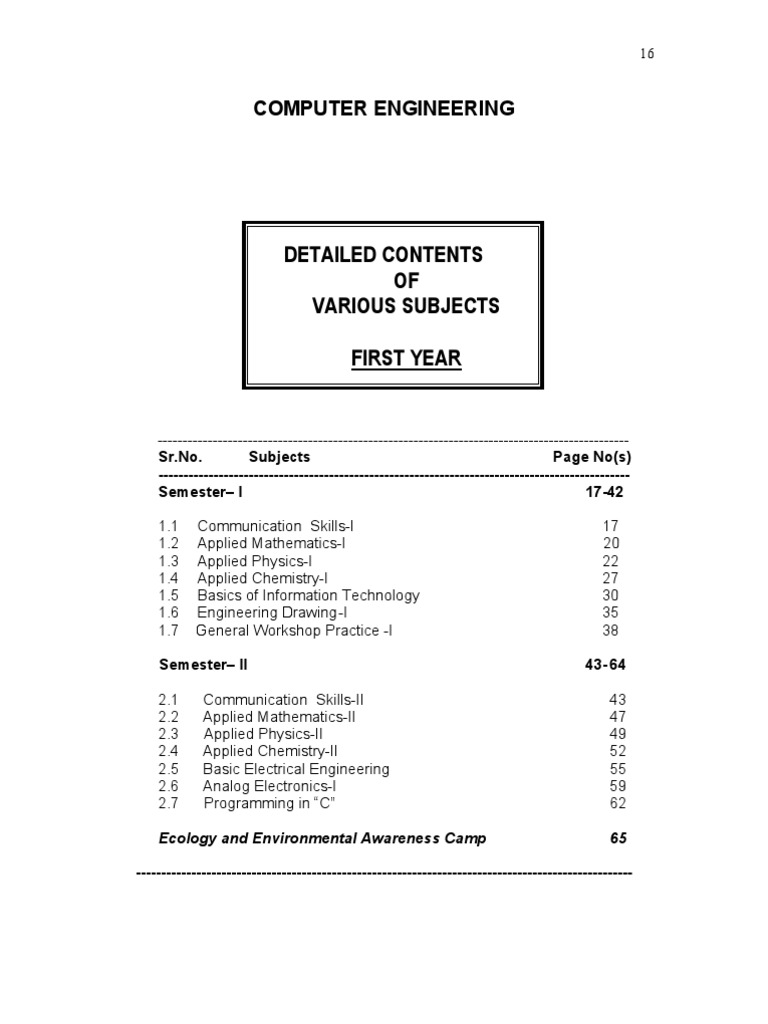Detailed Contents OF Various Subjects First Year: Computer Engineering ...
