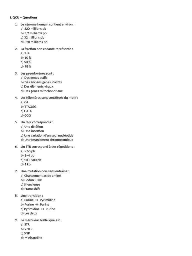 qcu et qcm | PDF | Mutation | Polymorphisme nucléotidique