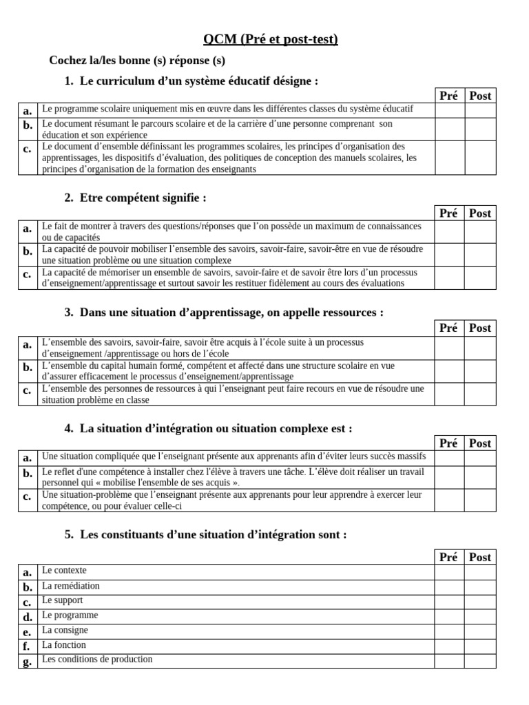 2024 JP QCM Pré & Post Concepts de Base APC | PDF | Apprentissage ...
