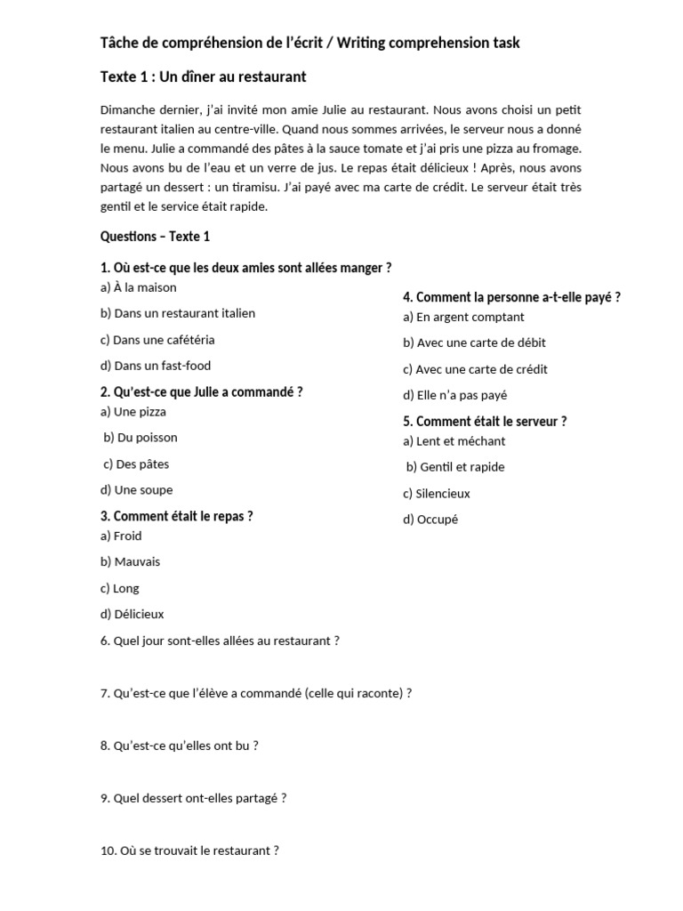 Compréhension_écrite_restaurant Et Fin de Semaine | PDF | Restaurants ...