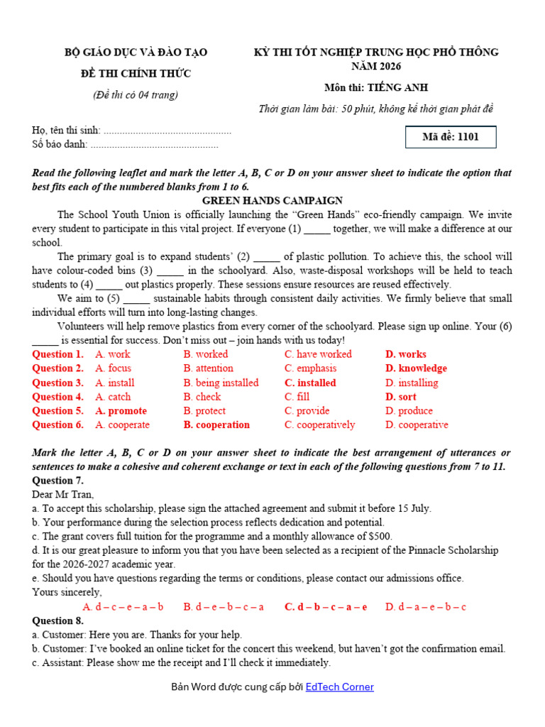 De Tieng Anh THPTQG 2026 - 1101 | PDF | Plastic | Scholarship