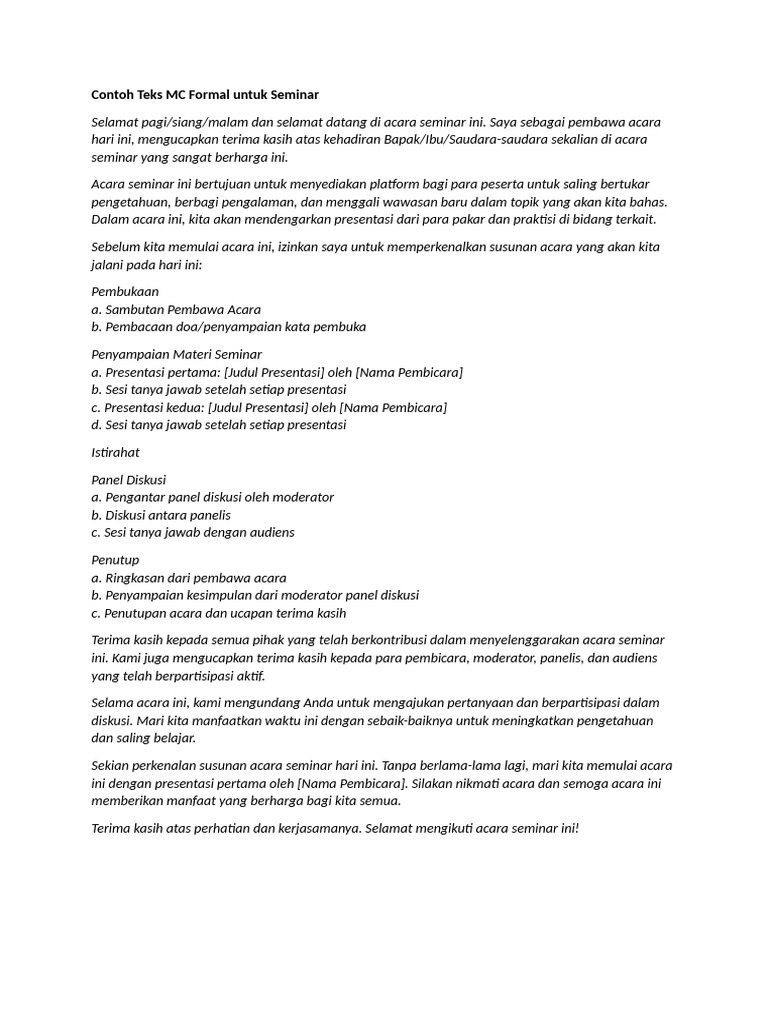 Contoh Teks MC Formal Untuk Seminar | PDF