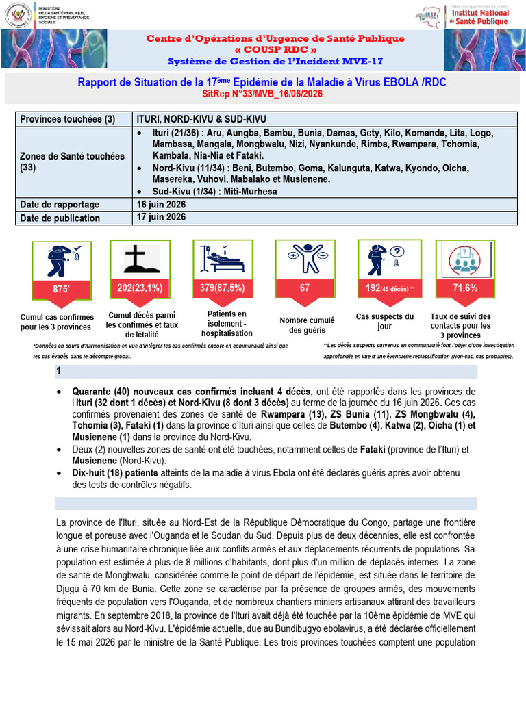SitRep_MVE_RDC_N°33_16_06_2026 | PDF | République démocratique du Congo ...