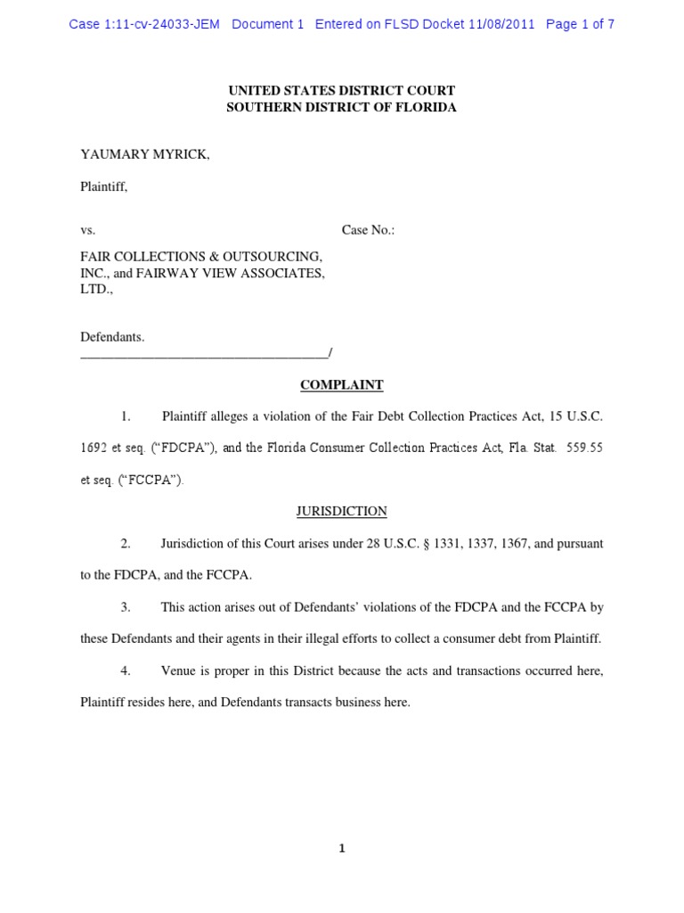Myrick Fair Collections Outsourcing FDCPA FCCPA Complaint | PDF ...