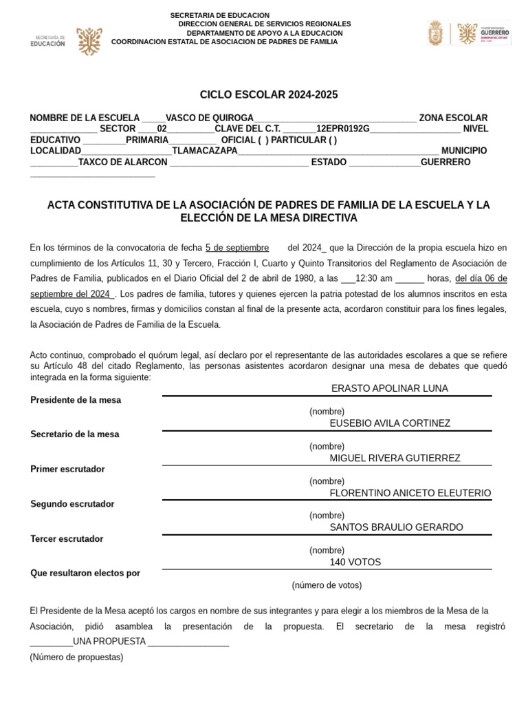 Acta Constitutiva Apf, Ciclo Escolar 2024-2025 (2) | PDF | Escuelas ...