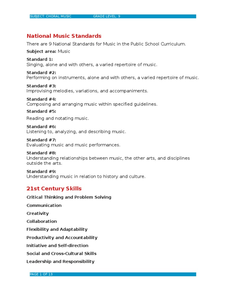 National Music Standards: Subject: Choral Music Grade Level: 9 | PDF ...