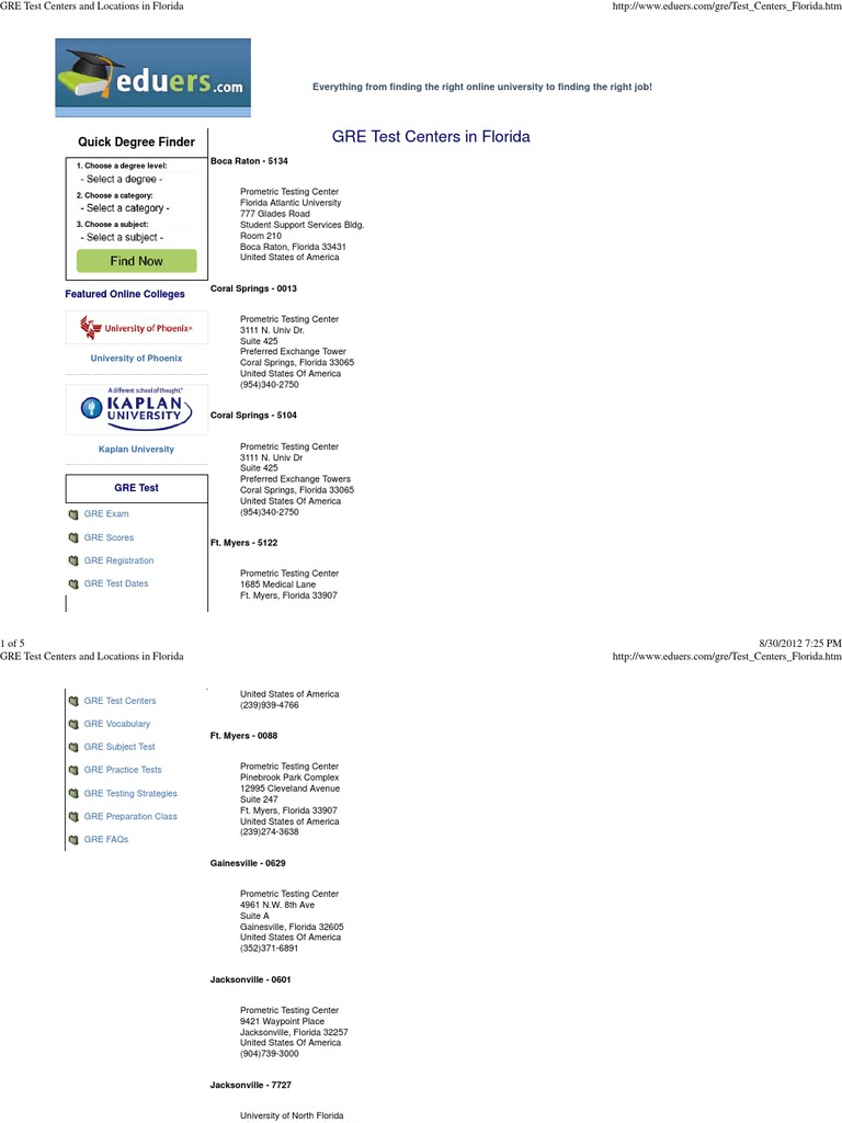 GRE Test Centers and Locations in Florida | PDF | Graduate Record ...