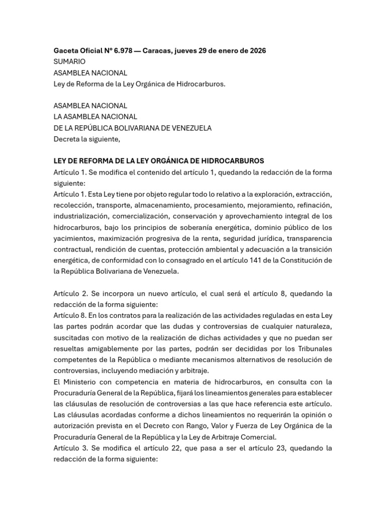 Reforma Ley Organica de Hidrocarburo 2026 | PDF | Hidrocarburos | Estatuto