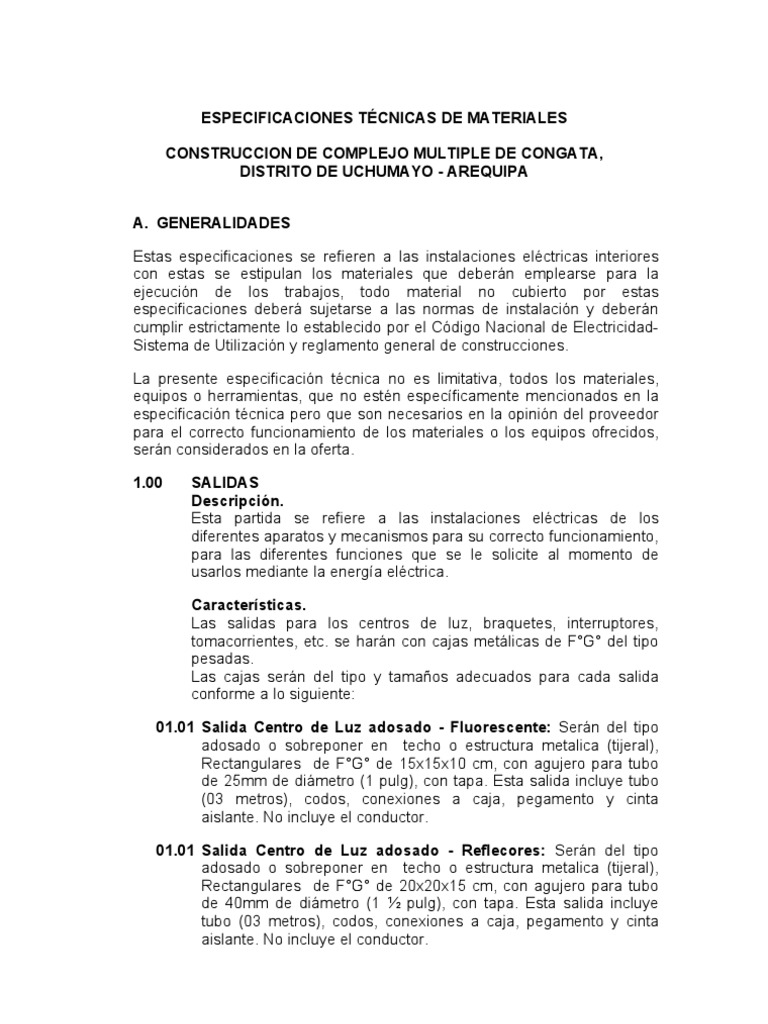 Especificaciones Técnicas de Las Instalaciones Electricas | PDF | Tubería (transporte de fluidos ...
