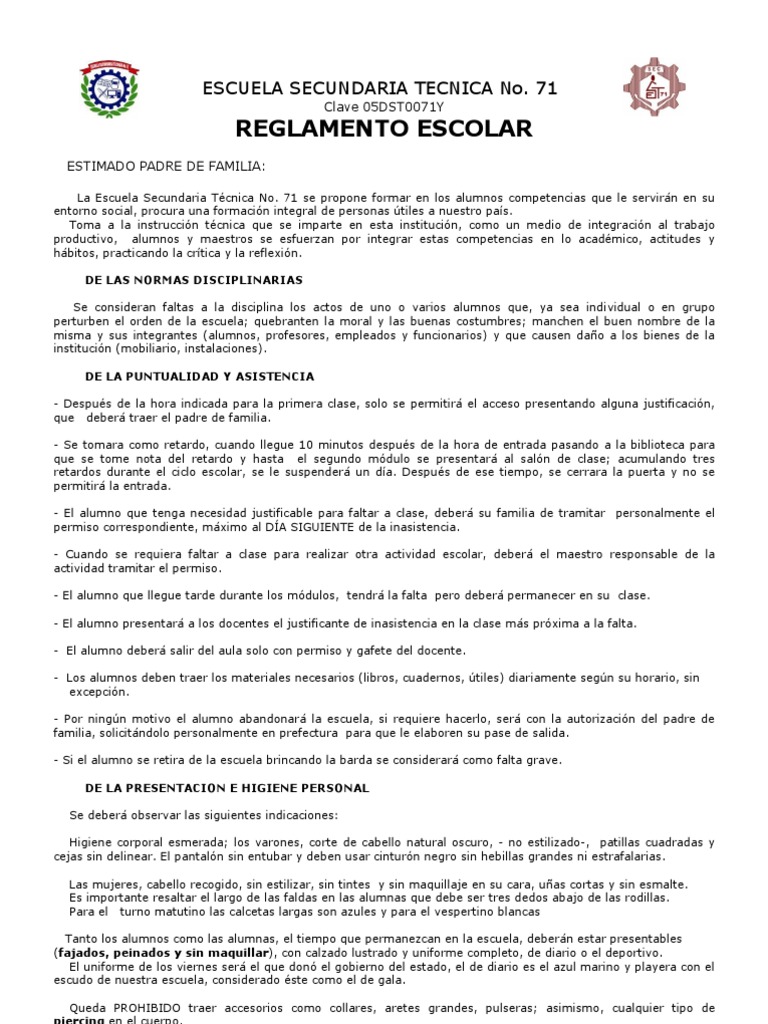 Reglamento Escolar 2012 - 2013 | PDF | Educación Secundaria | Escuelas