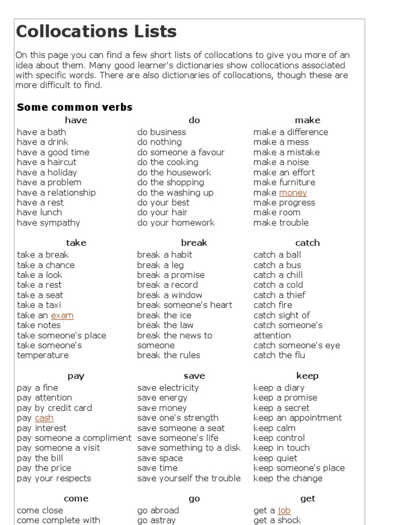 Collocations Lists | PDF | Verb | Adjective