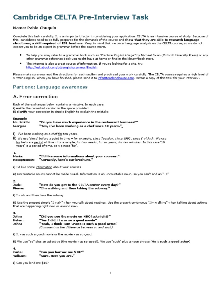 (A) CELTA Pre-Interview Task Updated (Solved) | PDF | Question | Stress (Linguistics)