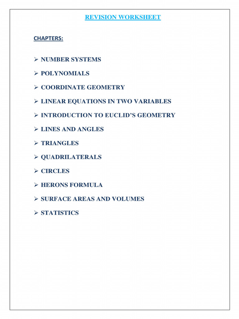 Grade - Ix Mathematics Revision Worksheet | PDF