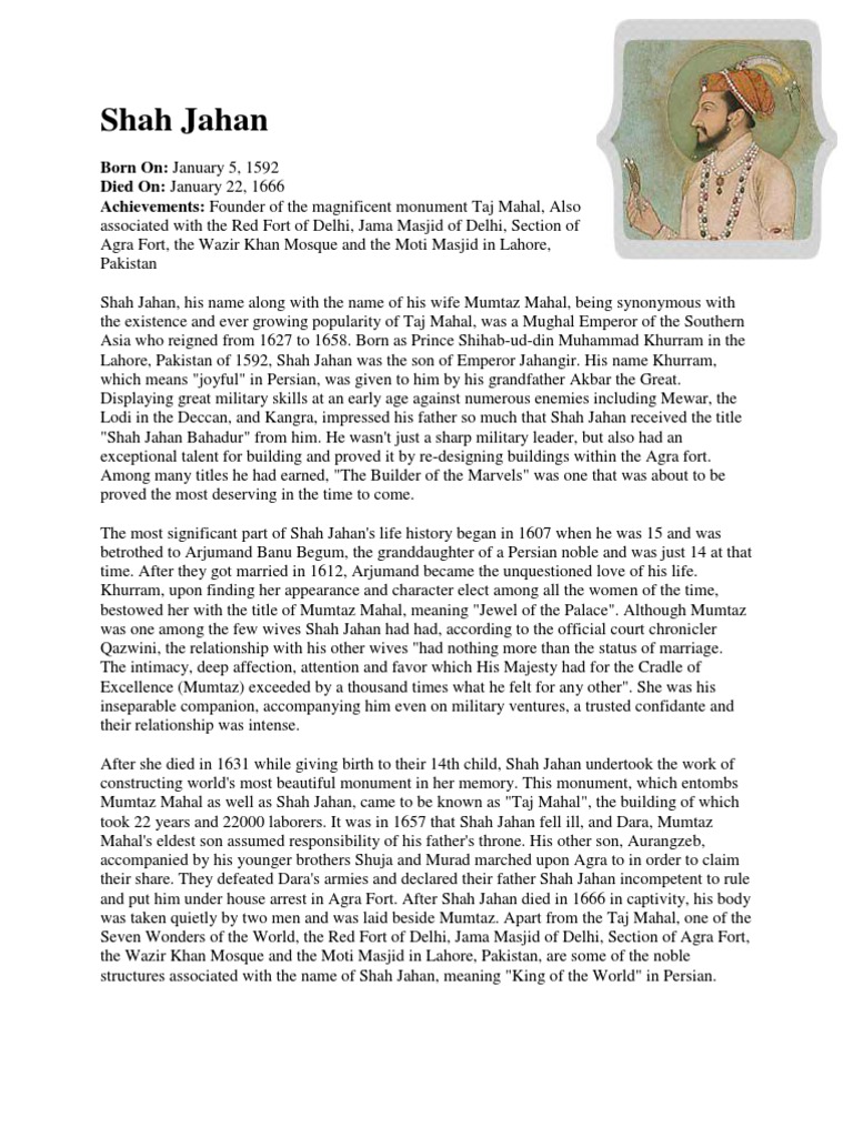 Shah Jahan | PDF | Muslim Empires | Timurid Dynasty