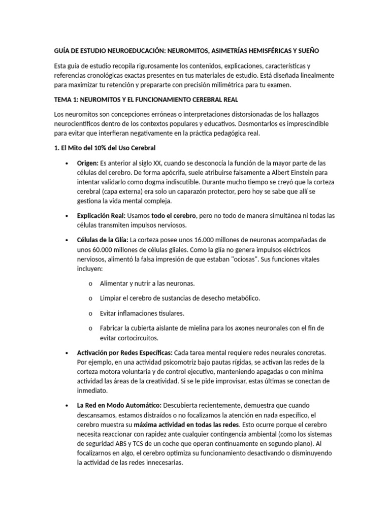 Guía de Estudio Neuroeducación | PDF | Cerebro | Hemisferio cerebral