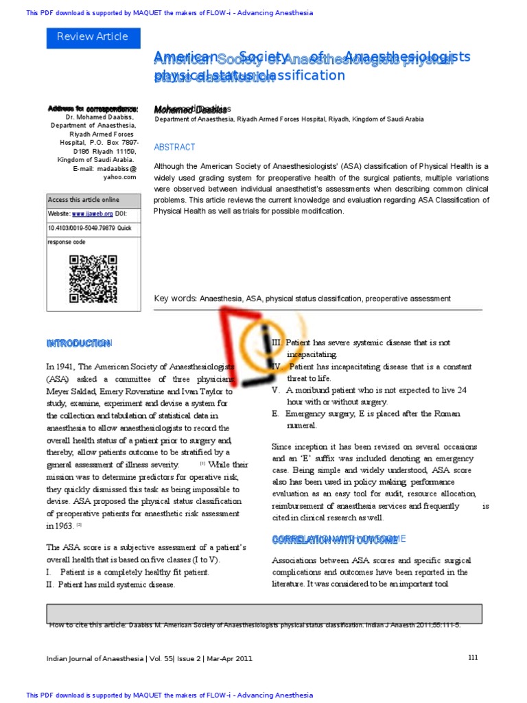 American Society of Anaesthesiologists Physical Status Classification ...