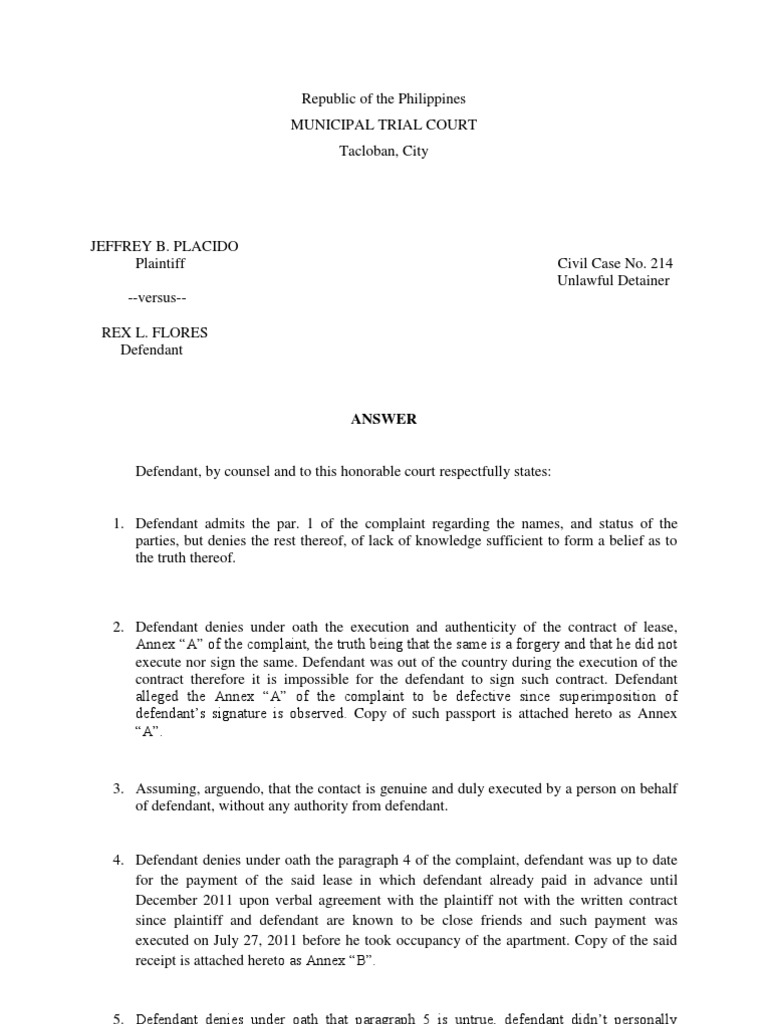 Answer To Complaint | PDF | Affidavit | Notary Public