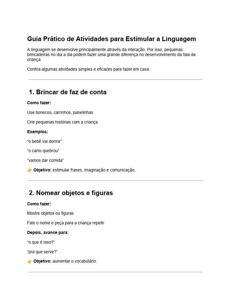 Guia Prático de Atividades Para Estimular a Linguagem | PDF | Brincar ...