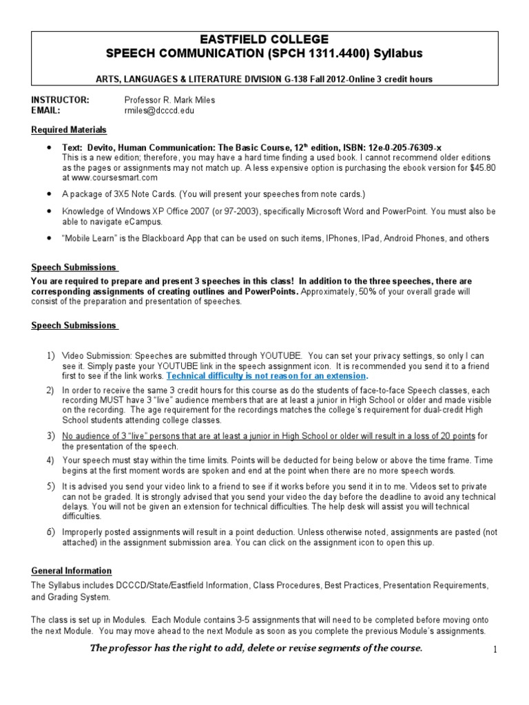 Eastfield College SPEECH COMMUNICATION (SPCH 1311.4400) Syllabus | PDF ... Eastfield College SPEECH COMMUNICATION (SPCH 1311.4400) Syllabus | PDF ...