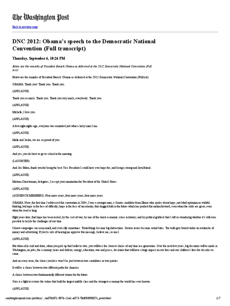 President Barack Obama 2012 DNC Speech Transcript | PDF | Barack Obama ...