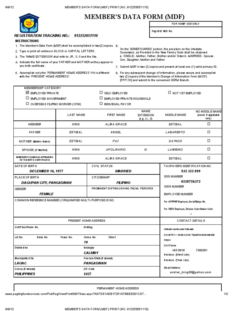 Member's Data Form (MDF) Print (No | PDF | Birth Certificate | Government
