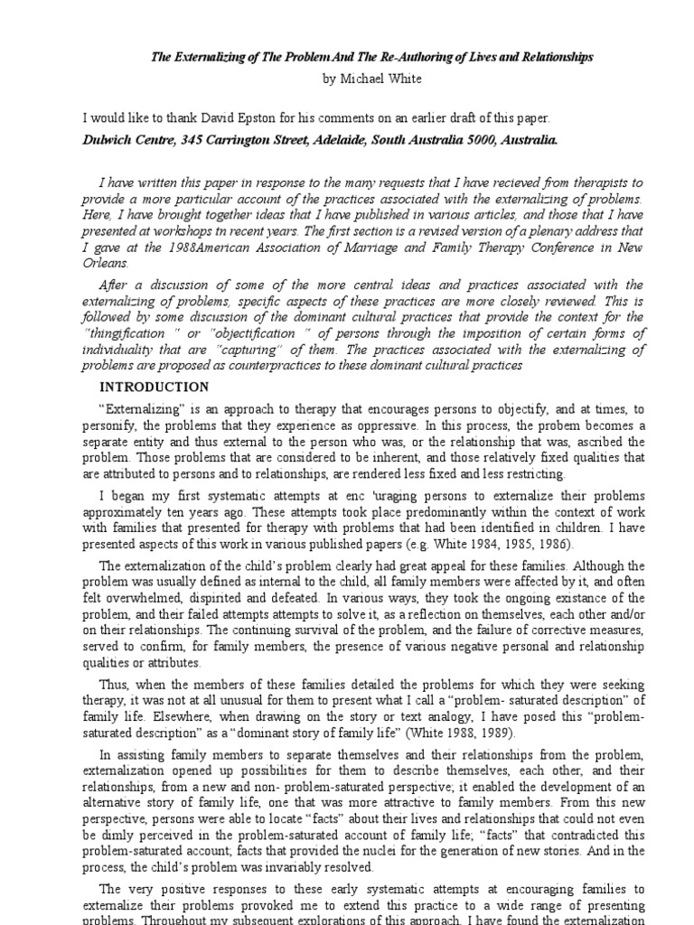 The Externalisation of The Problem and The Re-Authoring of Lives and ...