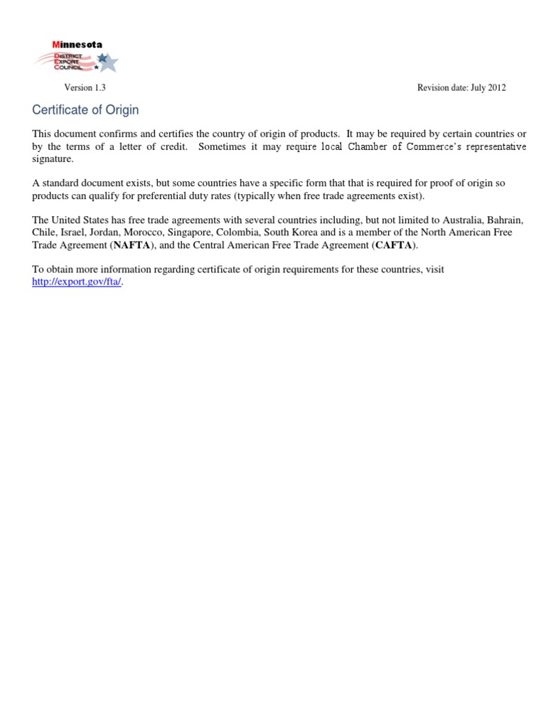 Certificate of Origin Sample | Containerization | International Business