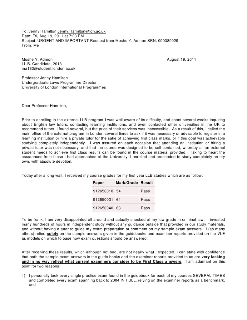 Urgent Letter To Professor Hamilton by Moshe Admon LLB Student | PDF ...