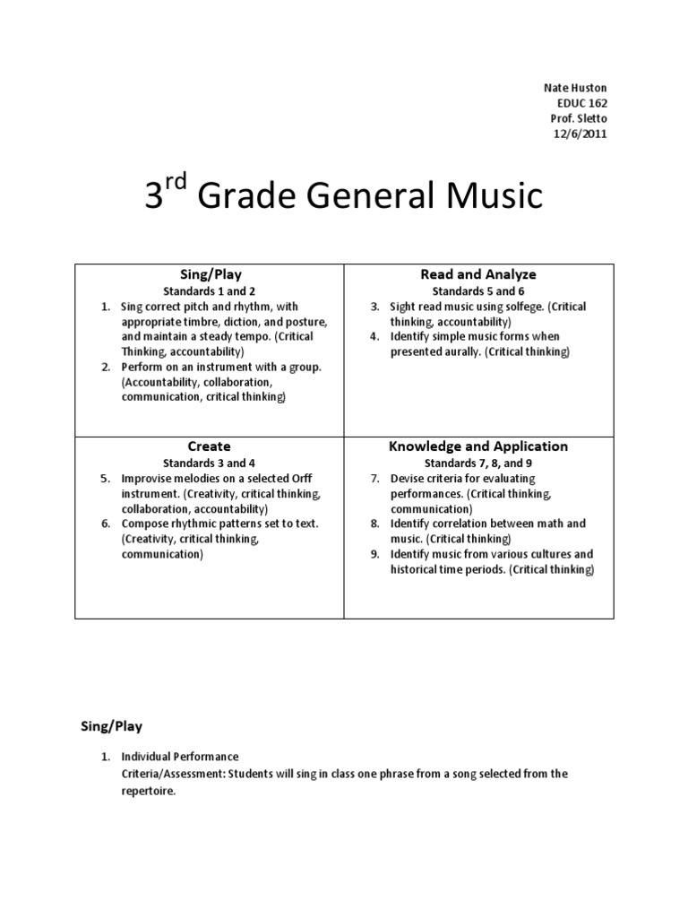 3 Grade General Music: Sing/Play Read and Analyze | PDF | Language Arts ...