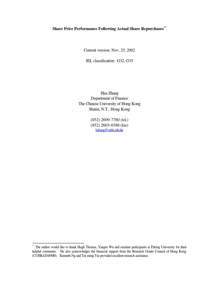 Share Price Performance Following Actual Share Repurchases | PDF ...