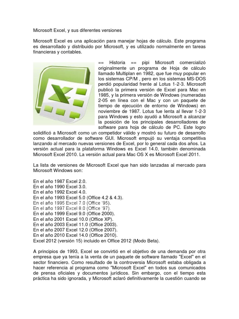 Versiones de Microsoft Excel a lo largo del tiempo | PDF | Microsoft ...