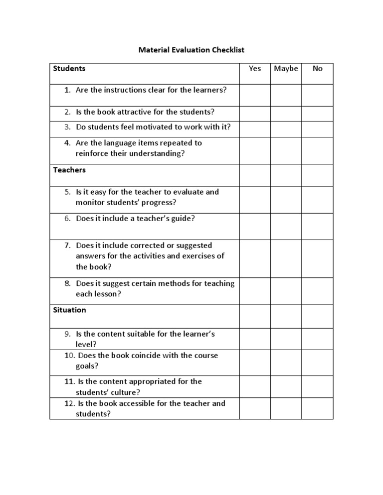 Material Evaluation Checklist for Educators | PDF | Change | Teachers