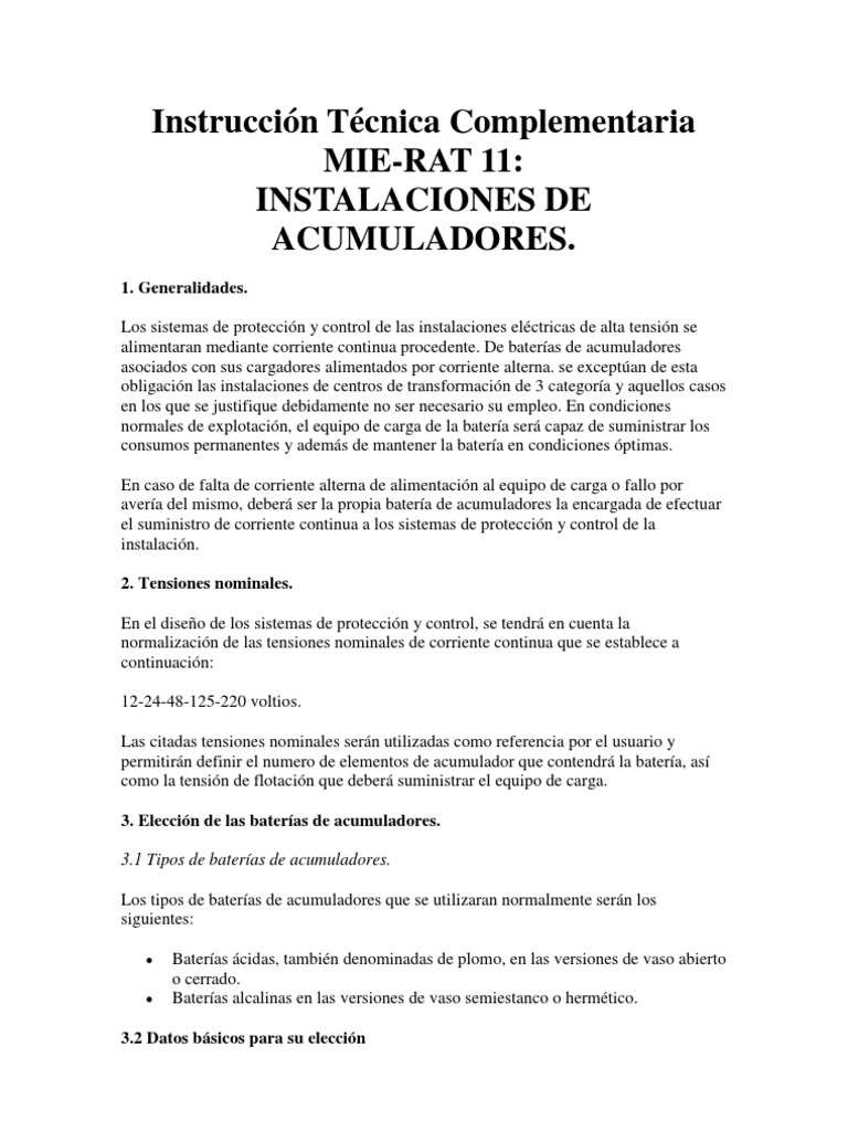 Instrucción Técnica Complementaria MIE RAT 11 | PDF | Batería (electricidad) | Batería recargable