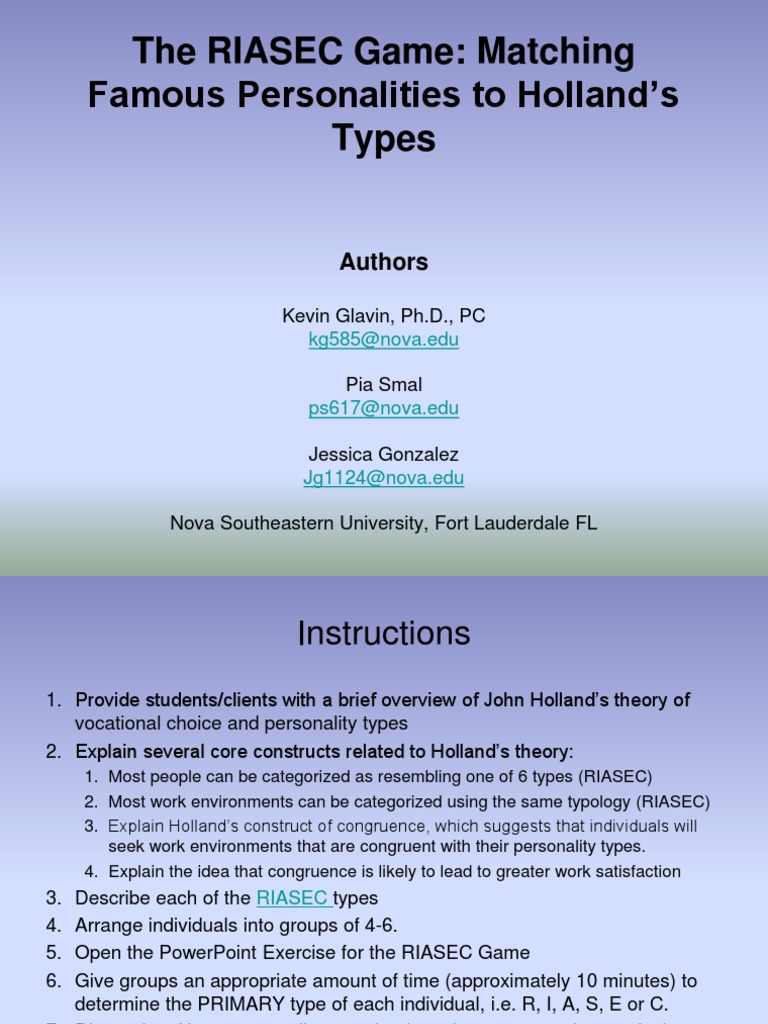 RIASEC Game: Personality Matching Guide | PDF | Psychology ...