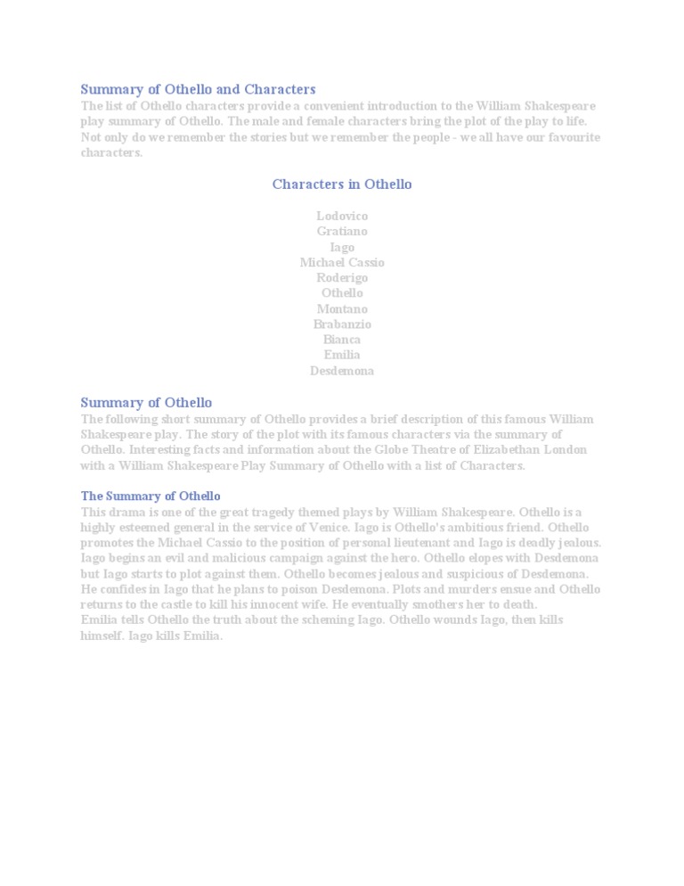 Summary of Othello and Characters | PDF