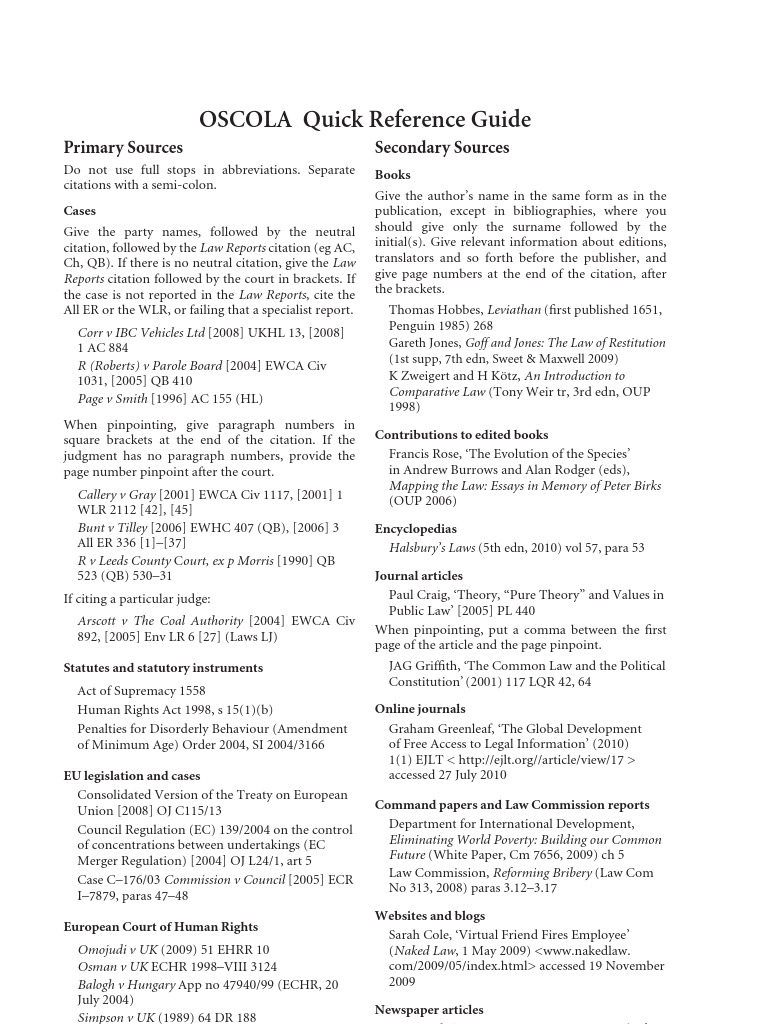 OSCOLA 4th Edn Hart 2012QuickReferenceGuide | PDF