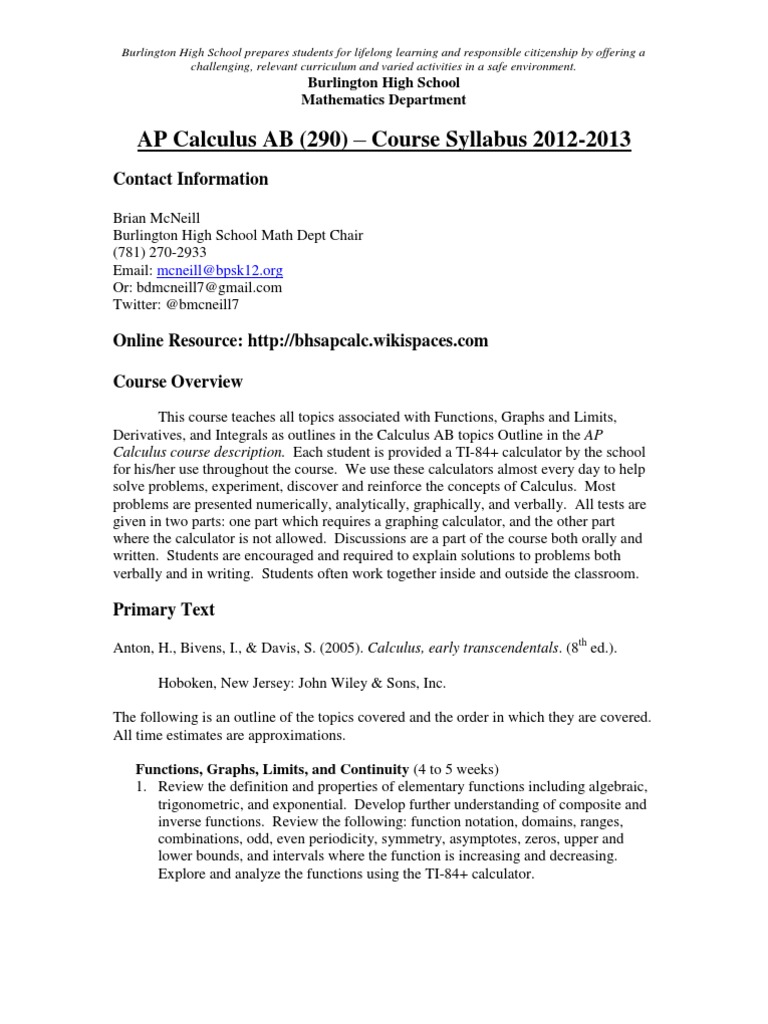 Ap Calculus Ab Syllabus 2012 13 Pdf