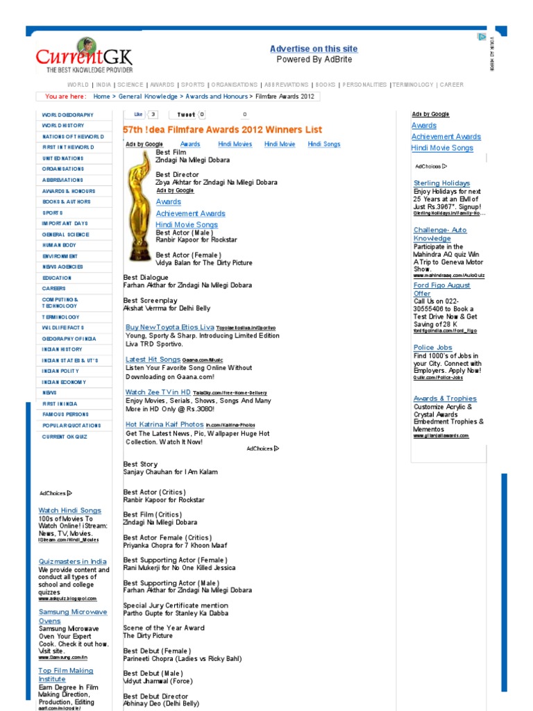57th Filmfare Awards 2012 Winners List | PDF | Bollywood | Cinema Of India