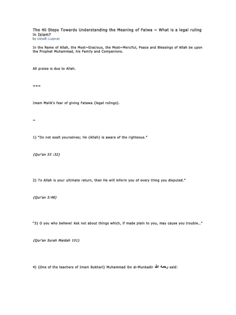 The 40 Steps Towards Understanding The Meaning of Fatwa | PDF | Sahabah ...
