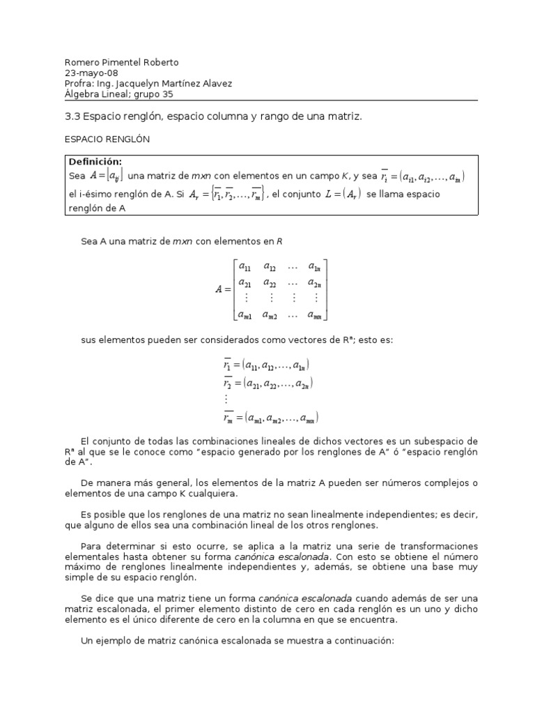 Análisis del espacio renglón, espacio columna y rango de una matriz ...