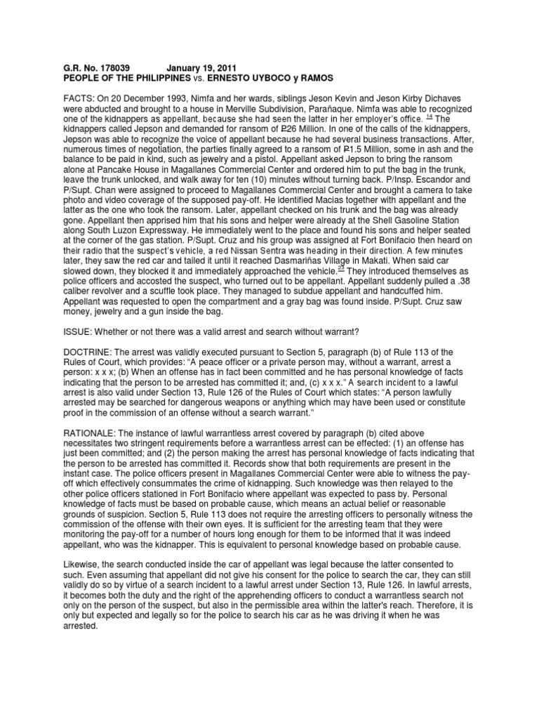 People Vs Uyboco Digest | PDF | Search Warrant | Probable Cause